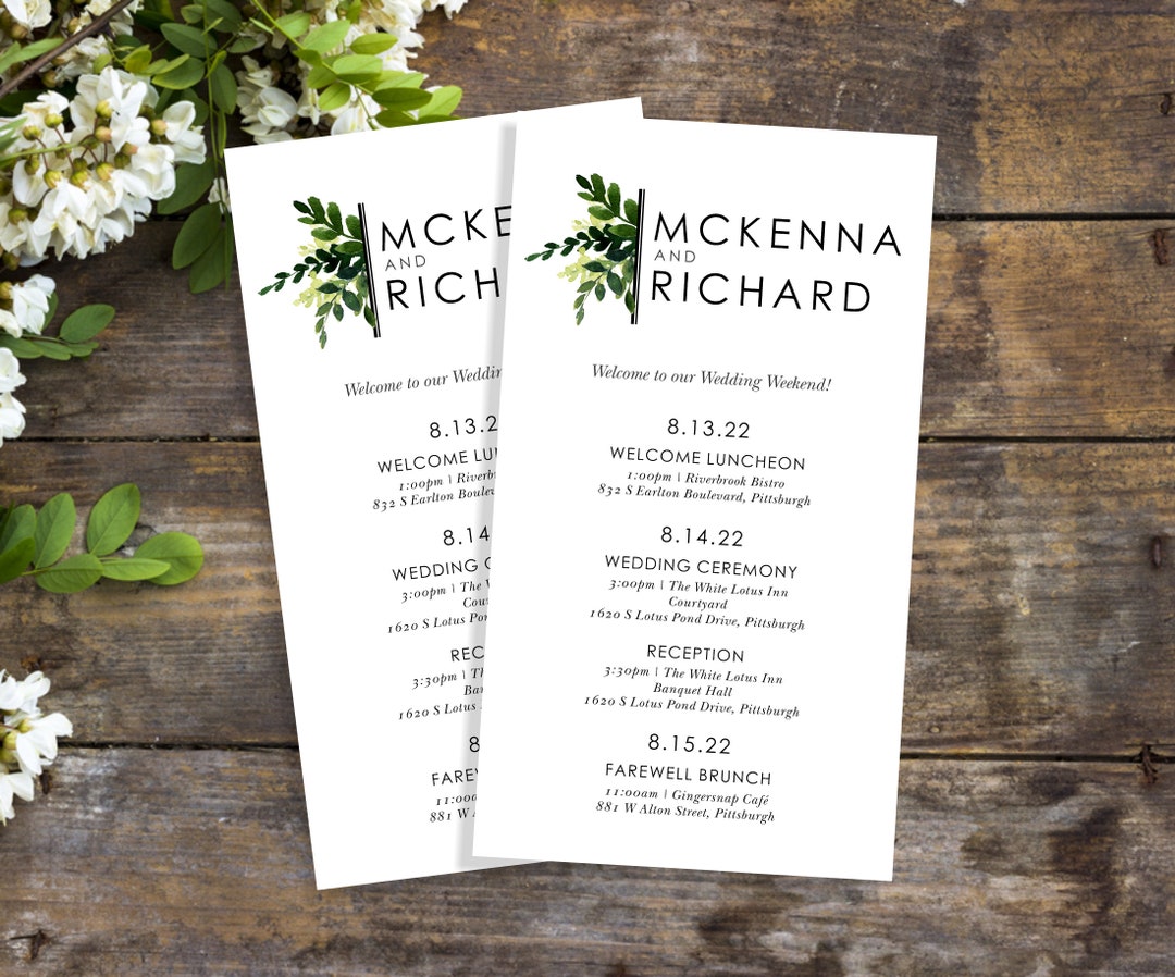 Greenery Wedding Itinerary Card, Wedding Schedule of Events, Printed ...