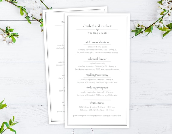 Wedding Event Cards, Schedule of Events Card, Elegant Wedding Itinerary ...