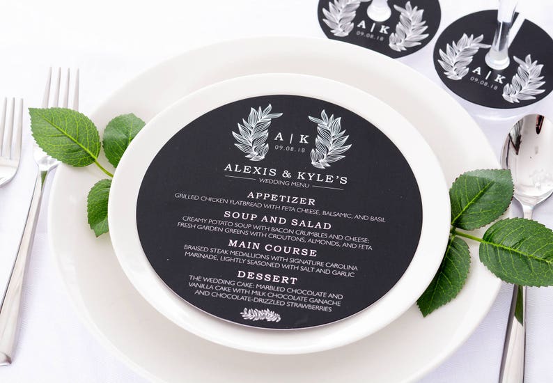 Round Wedding Menus Wedding Plate Menus FREE Matching Wine - Etsy