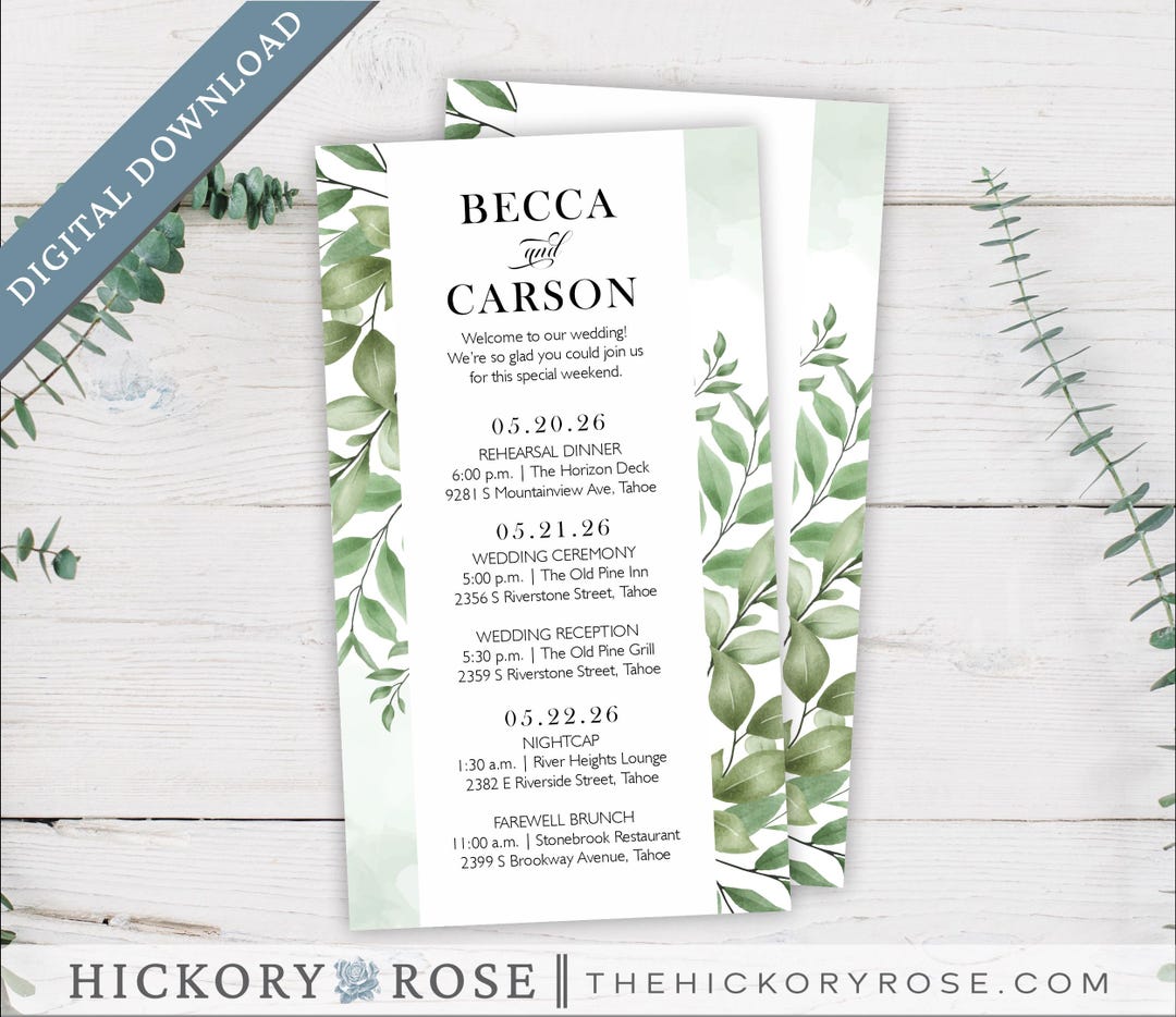 INSTANT DOWNLOAD Wedding Schedule, Printable Itinerary Template ...