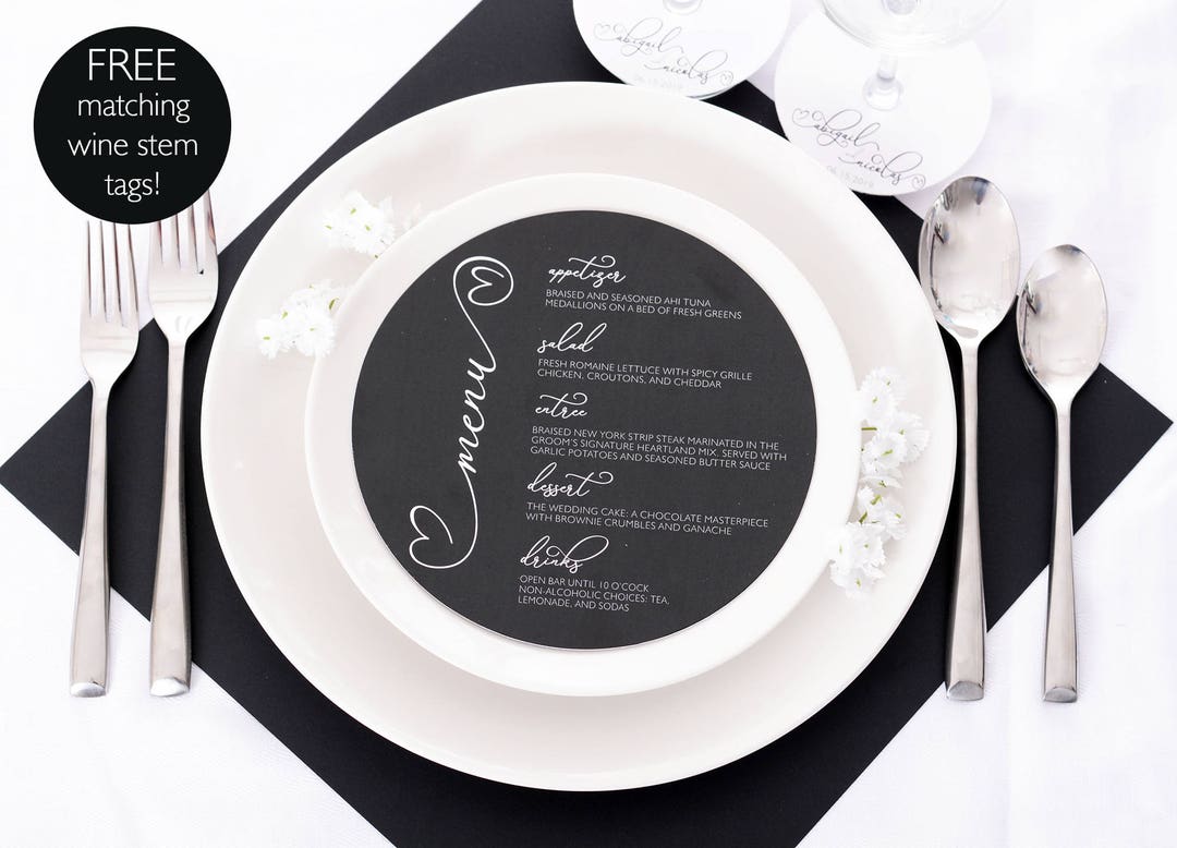 Round Wedding Menus - Wedding Plate Menus - FREE Matching Wine Glass ...