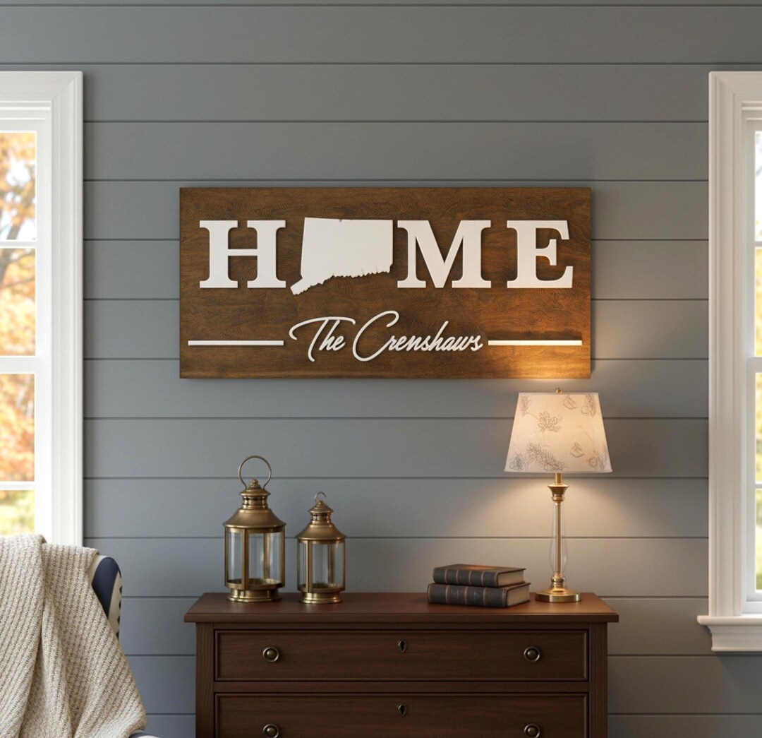 Connecticut Welcome Home Sign: Laser Cut Wood Family Name Signs, CT ...