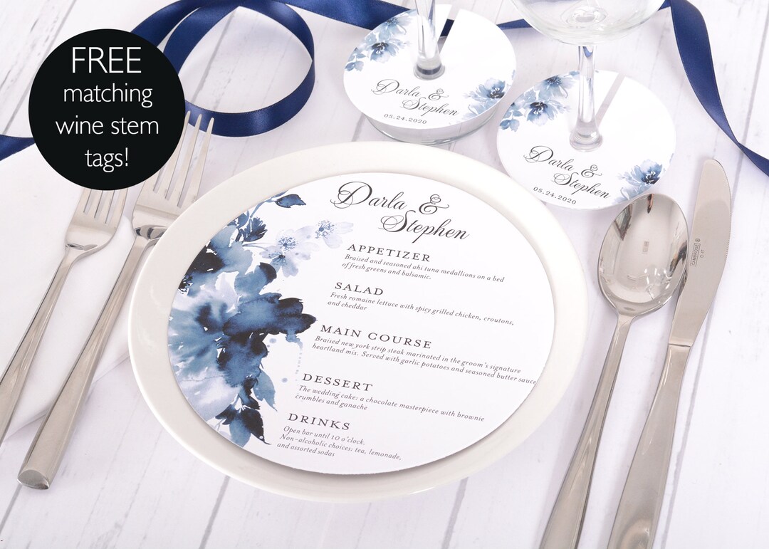 Round Wedding Menus - Wedding Plate Menus - FREE Matching Wine Stem ...