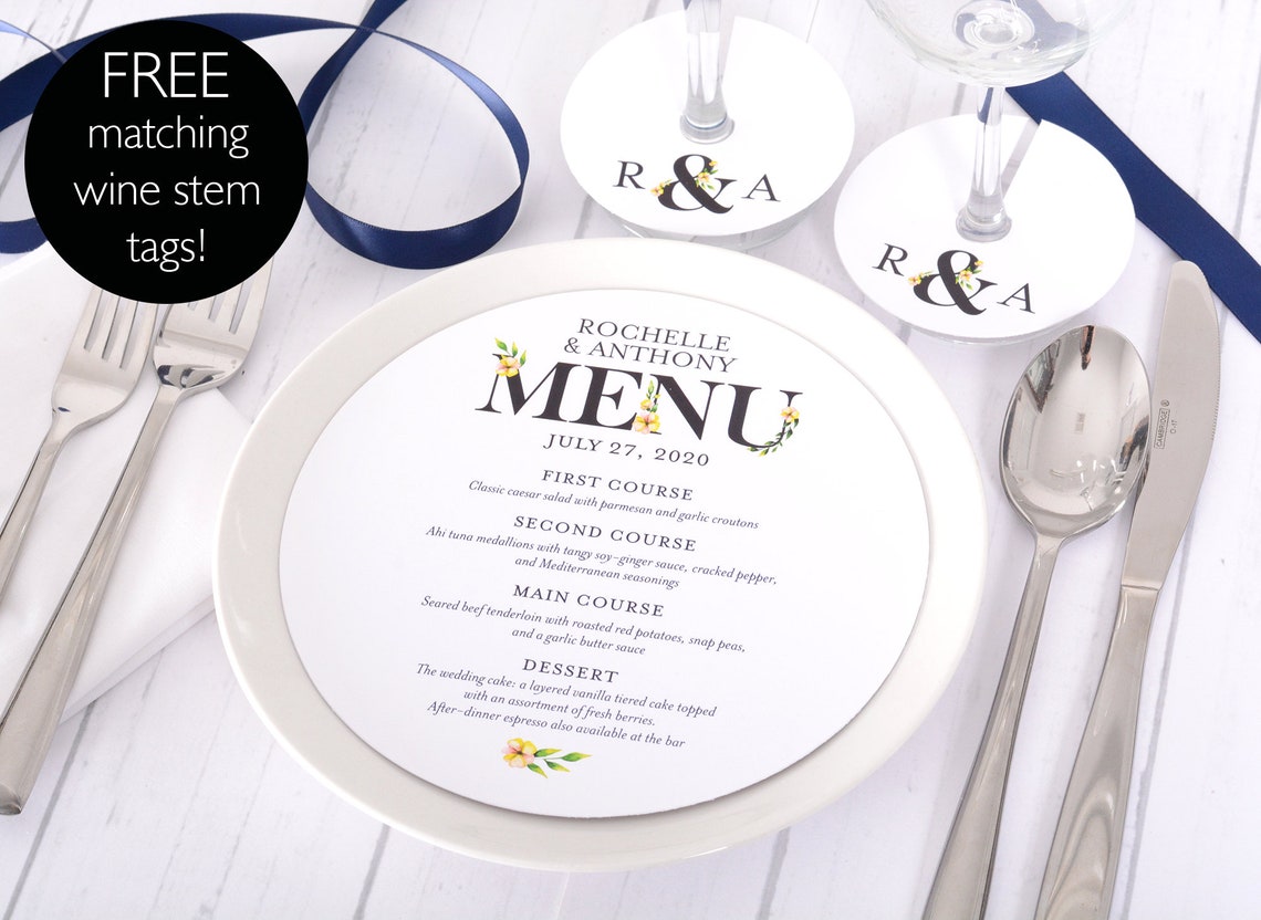 Round Wedding Menus Wedding Plate Menus FREE Matching Wine | Etsy