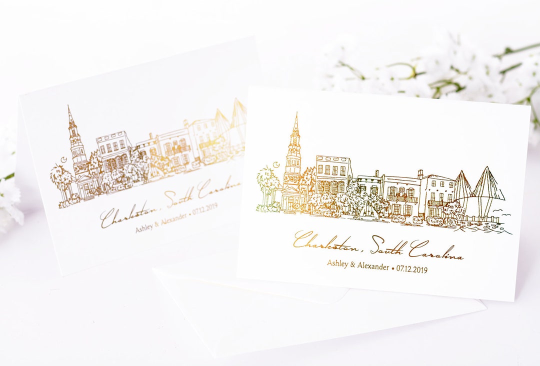 Charleston Wedding Cards - HAND DRAWN Wedding Stationery - Metallic ...