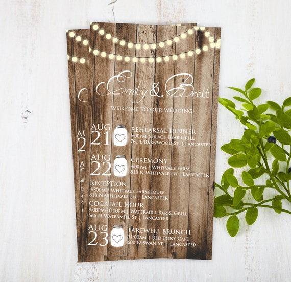 Rustic Wedding Itineraries - Wedding Schedule Cards - Welcome Cards ...