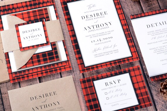 Buffalo Check Wedding Invitation Set, Red Plaid Wedding Invitation ...