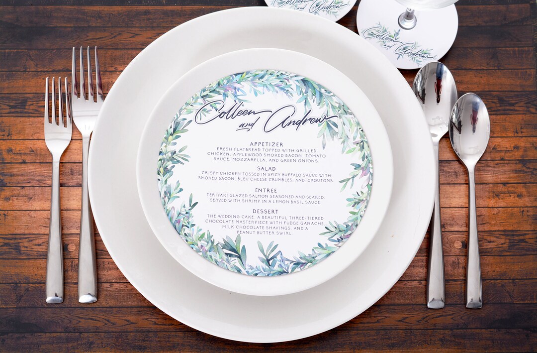 Round Wedding Menus - Wedding Plate Menus - FREE Matching Wine Glass ...