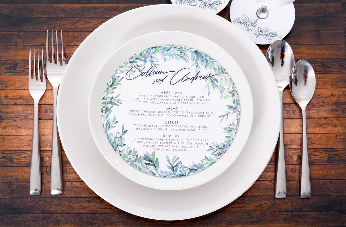 Round Wedding Menus Wedding Plate Menus FREE Matching Wine - Etsy
