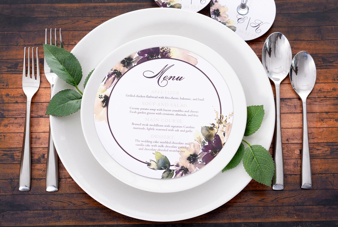 Round Wedding Menus Wedding Plate Menus FREE Matching Wine Glass Tags 6 ...