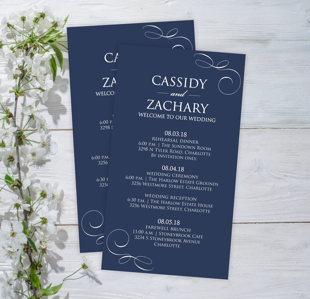 Wedding Schedule of Events, Printed Wedding Itinerary Card, Wedding ...