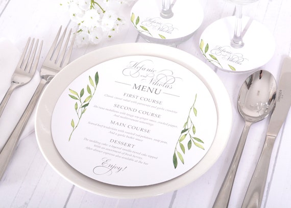Round Wedding Menus - Wedding Plate Menus - FREE Matching Wine Stem ...