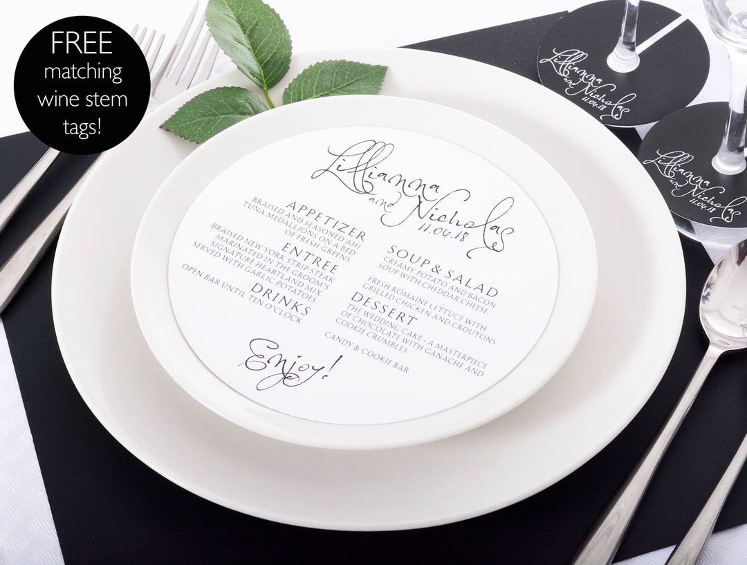 Round Wedding Menus Wedding Plate Menus FREE Matching Wine Glass Tags 6 ...