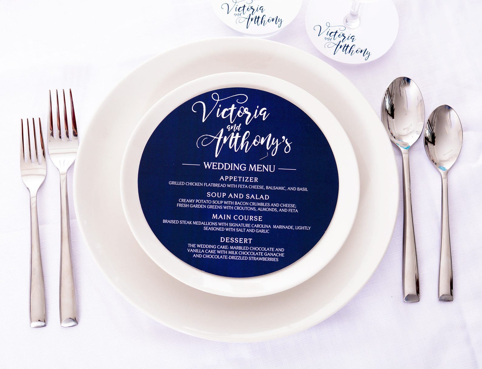 Round Wedding Menus - Wedding Plate Menus - FREE Matching Wine Glass ...