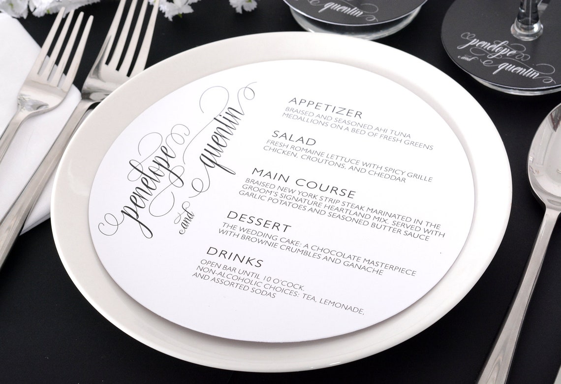 Round Wedding Menus Wedding Plate Menus FREE Matching Wine | Etsy