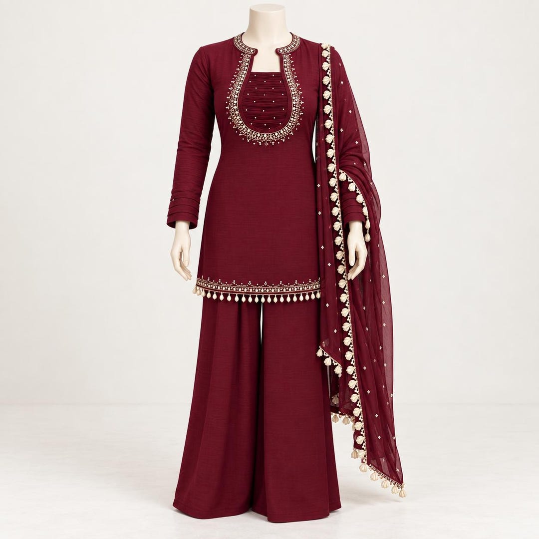 Embroidered Georgette Kurti Palazzo Set With Dupatta, Mirror Work ...