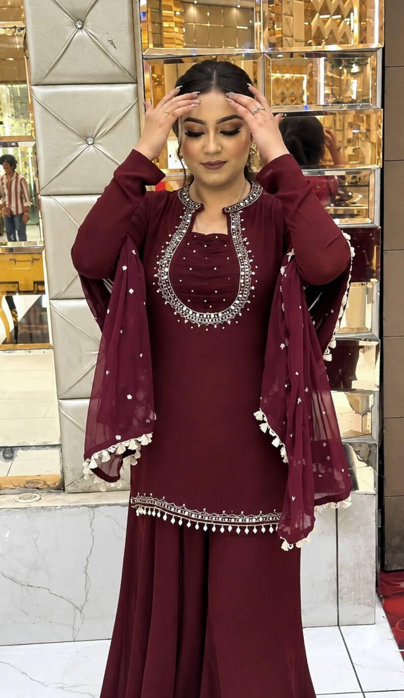 Embroidered Georgette Kurti Palazzo Set With Dupatta, Mirror Work ...