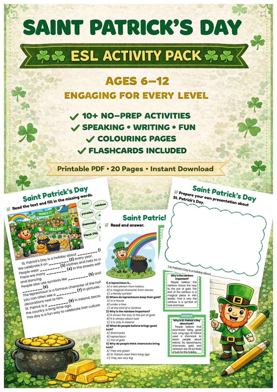 St. Patrick’s Day ESL Pack | Ages 6–12 | No-prep Printable Activities ...