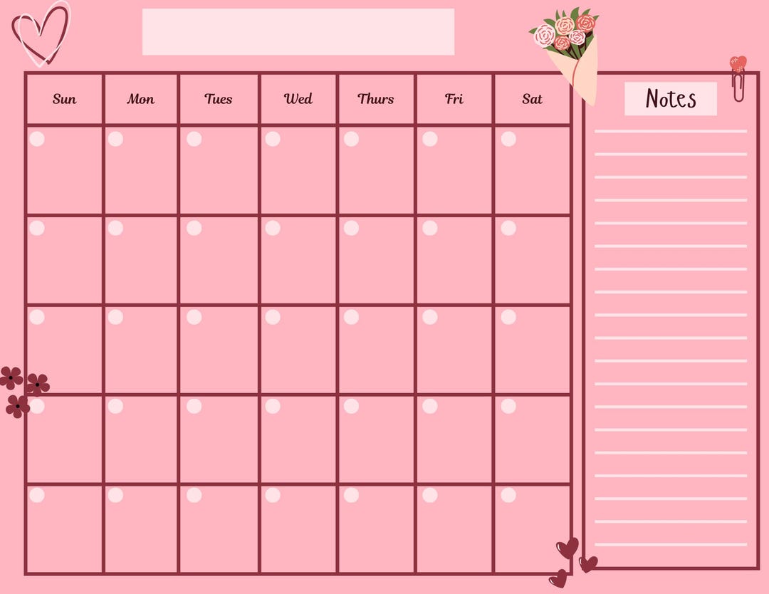 Printable Monthly Calendar / Pink and Hearts - Etsy
