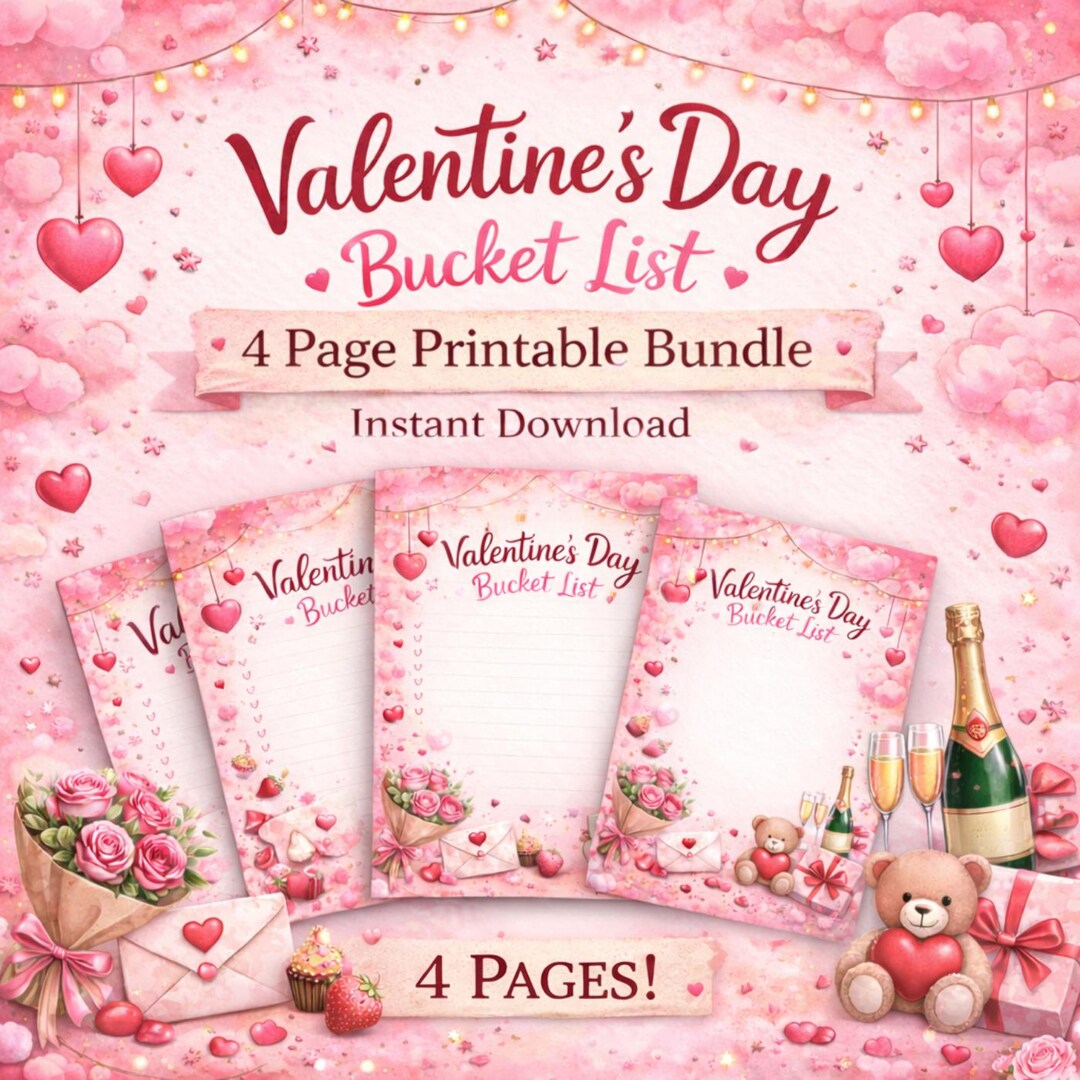 Valentine's Day Bucket List | 4-page Printable Bundle | Gift for Her ...