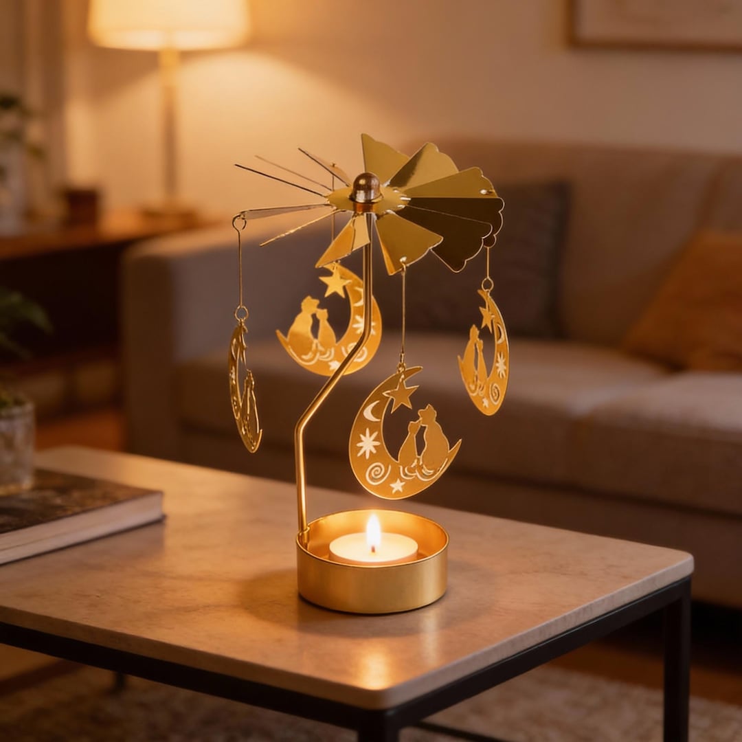 Moon Cat Rotating Candle Holder, Spinning Tealight Carousel, Gold Metal ...