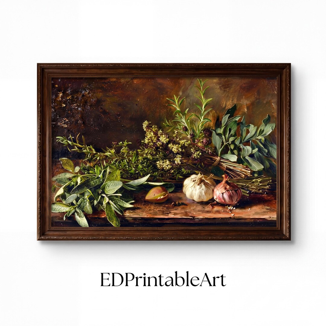 Vintage Herb Still Life Art Print – Rustic Kitchen Decor (digital ...