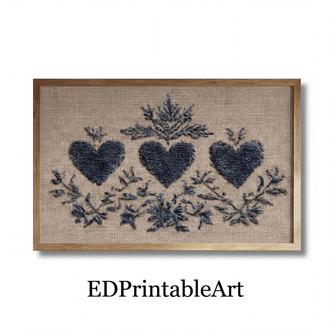 Indigo Heart Embroidery Pattern, Rustic Linen Folk Art Textile - Etsy