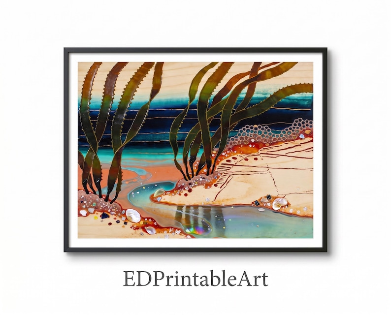 Mixed Media Kelp Forest Art on Wood, Coastal Beach Scene Painting ...