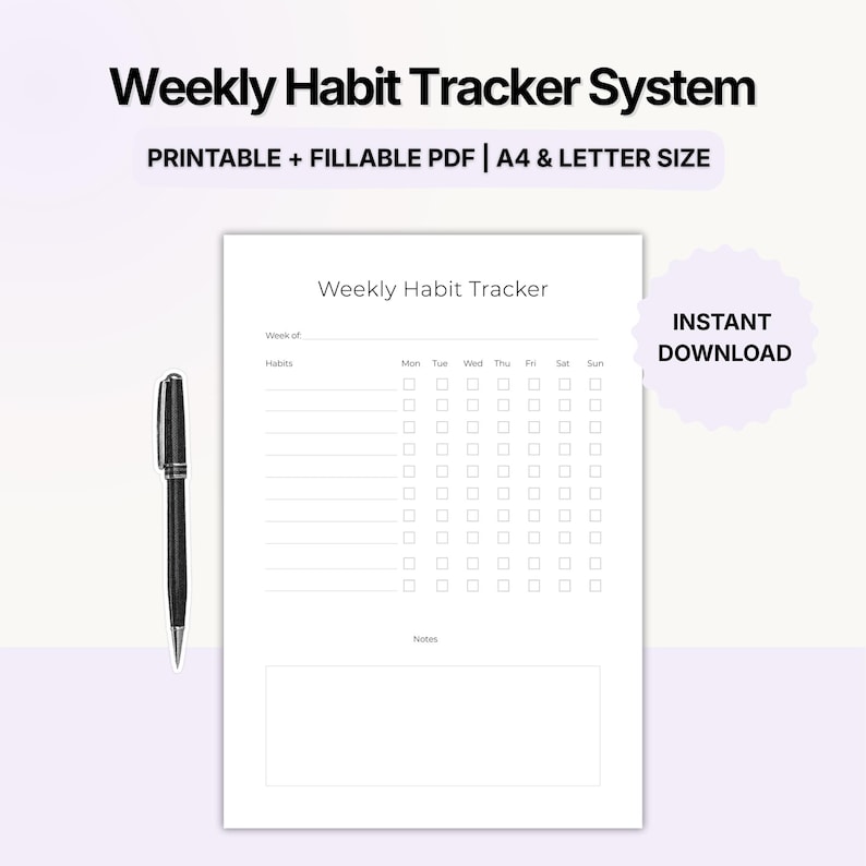 Weekly Habit Tracker System, Printable + Fillable PDF, A4/US Letter ...