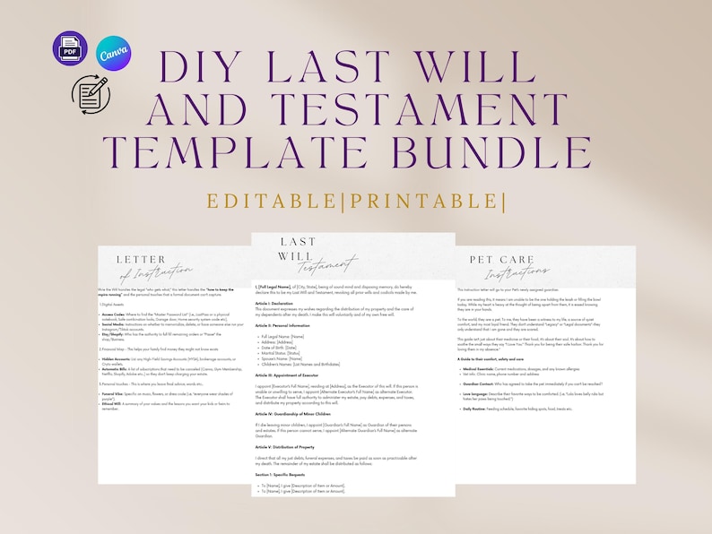 Last Will and Testament Template Bundle | Final Wishes DIY Template for ...