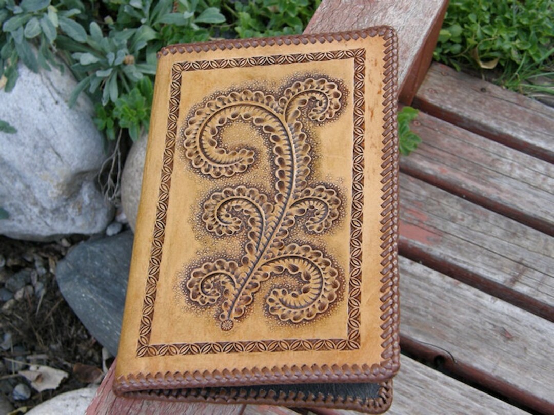 Handmade Leather Notebook With Stamped Fern Design and Leather Laced ...