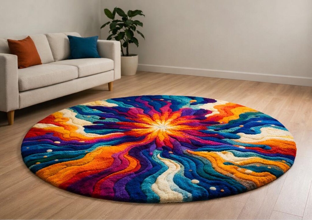 Colorful Abstract Round Rug – Hand Tufted Wool Rug – Modern Rainbow ...