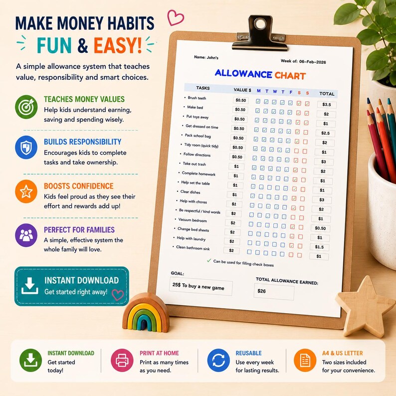 Allowance Chart for Kids | Printable Weekly Money Tracker + Canva ...