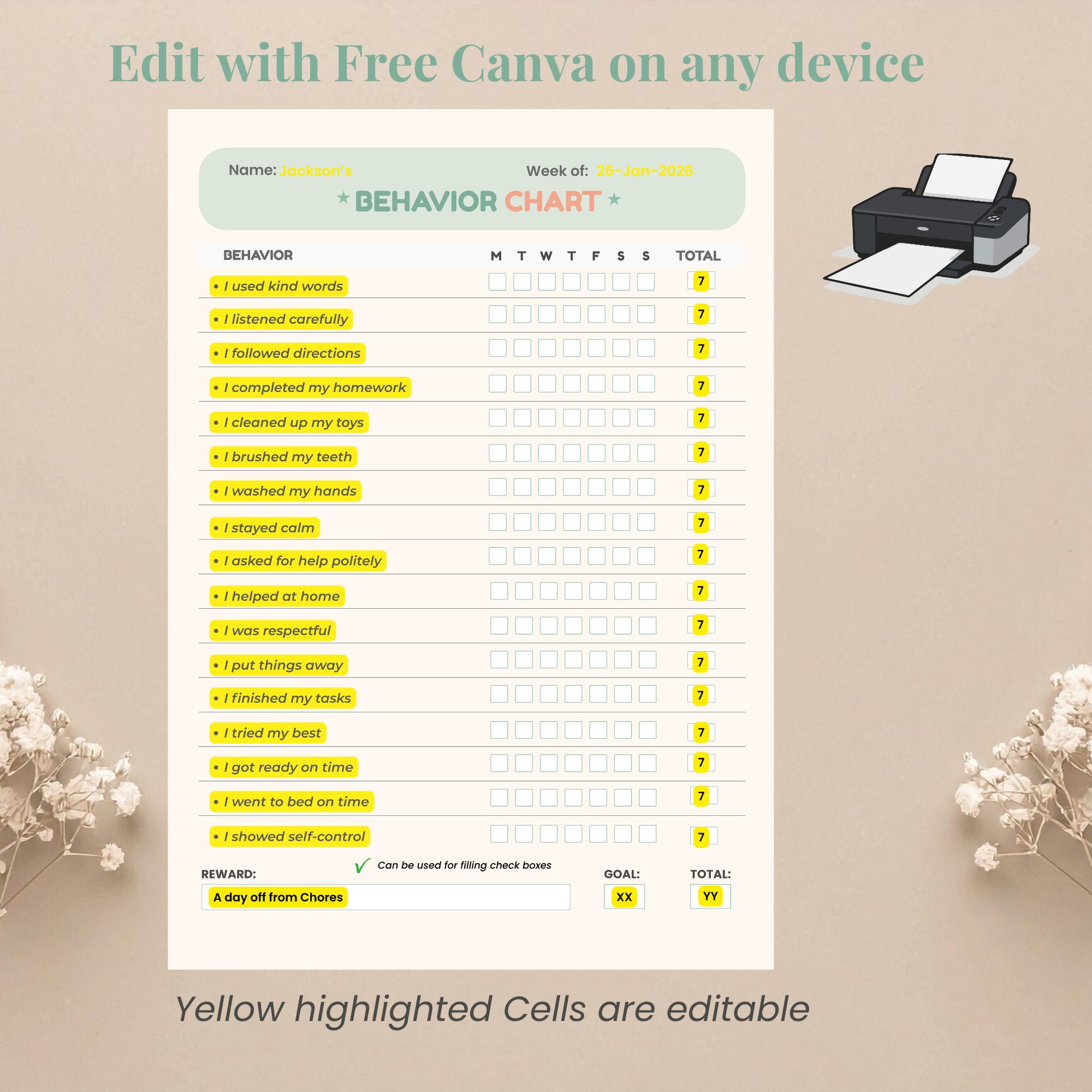 Behavior Chart for Kids | Printable Kids Chore and Reward Chart + Canva ...