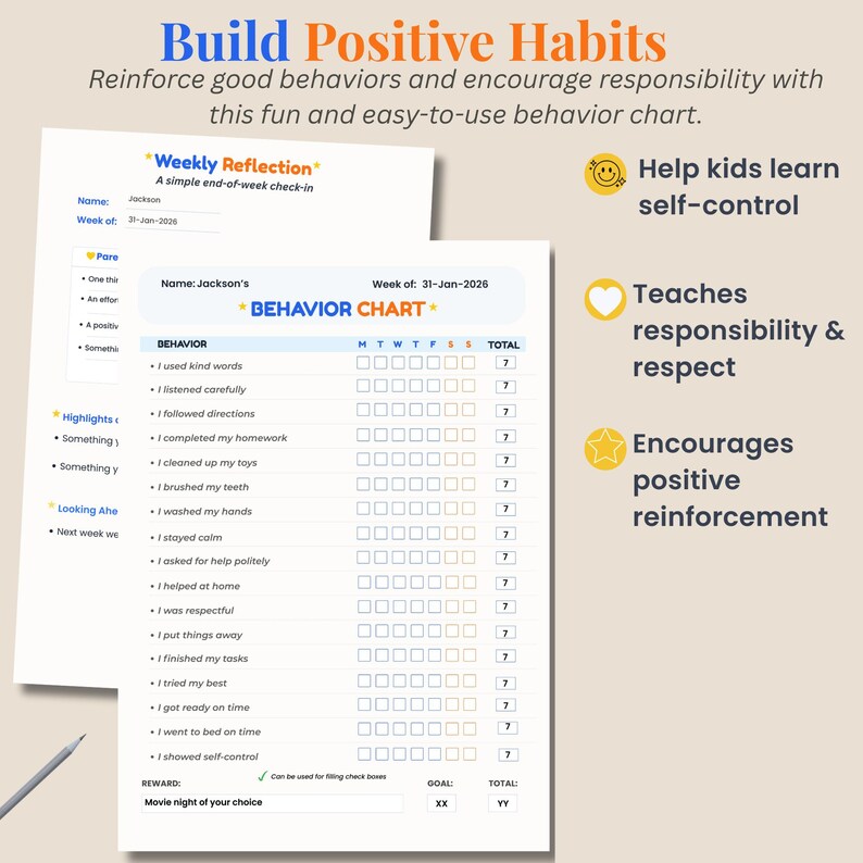Colorful Behavior Chart for Kids Printable | Weekly Reward ...