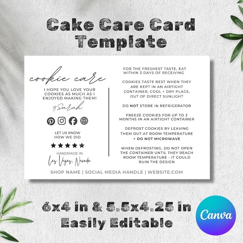 Editable Cookie Care Card Template, Printable Bakery Insert Card, Canva ...