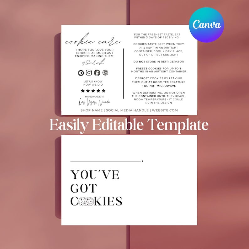 Editable Cookie Care Card Template, Printable Bakery Insert Card, Canva ...