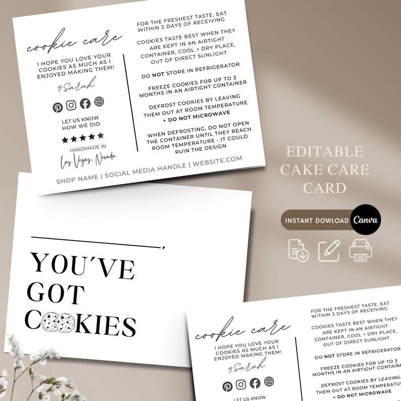 Editable Cookie Care Card Template, Printable Bakery Insert Card, Canva ...