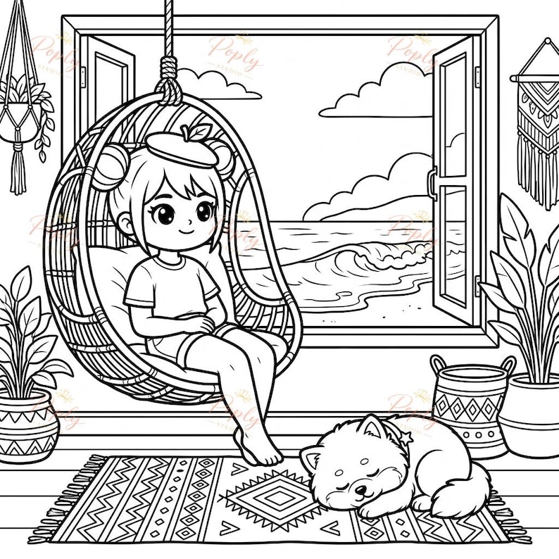 Cozy Room Coloring Pages, Teen Girl Dog Art, Lo-fi PDF (digital ...