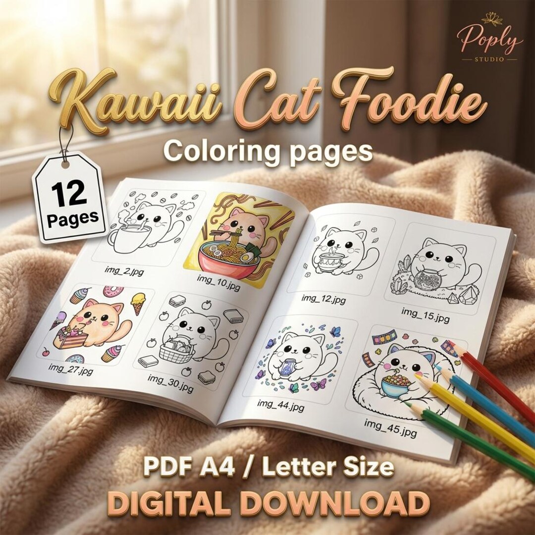 Kawaii Cat Foodie Coloring Book, 12 Cozy Dessert Pages (digital ...