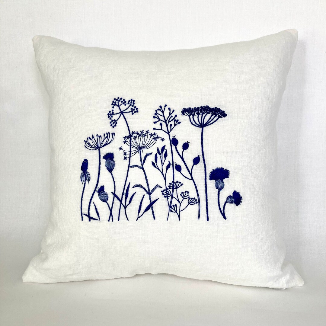 Machine Embroidered Wildflowers on Linen Pillow Cover - Etsy
