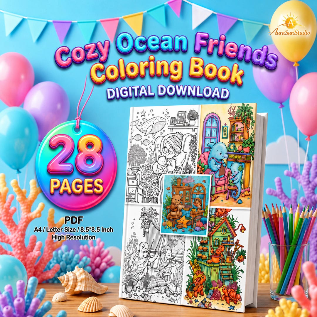 Cozy Ocean Friends Coloring Book, Whimsical Marine Life, 28 Pages ...