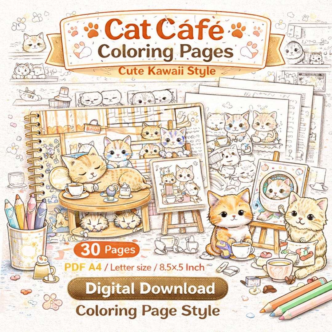 Kawaii Cat Cafe Coloring Pages, 30 Kittens Activity (digital Download ...