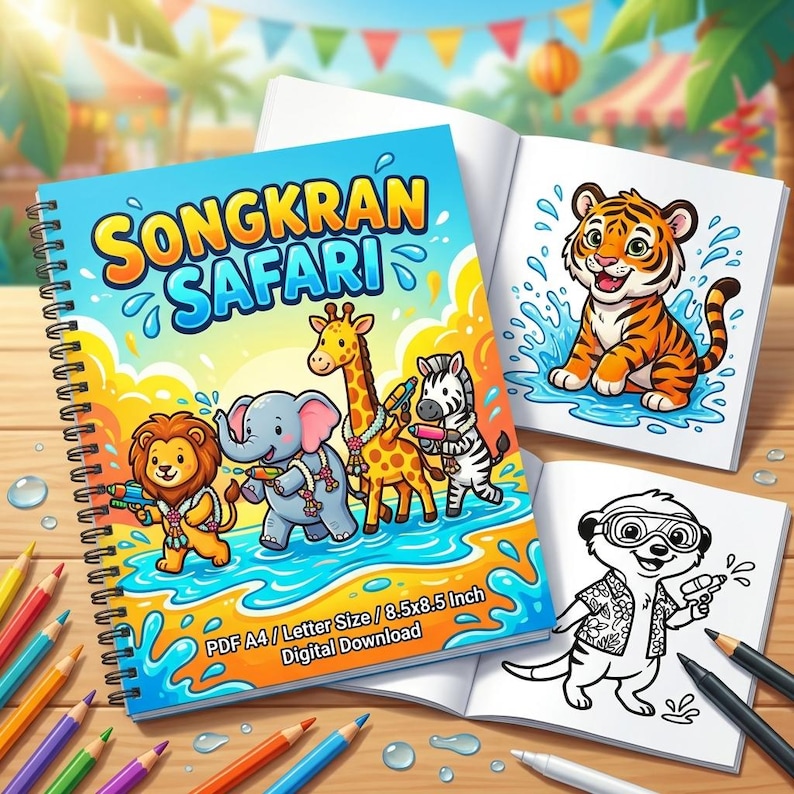 Songkran Safari Coloring Pages | Jungle Animals Water Festival (digital ...