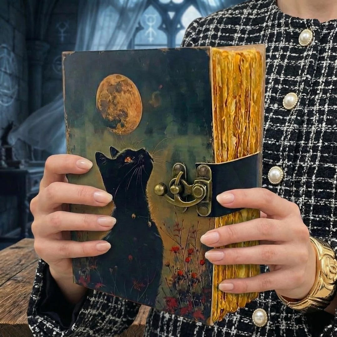 Black Cat Moon Leather Journal With Lock, Witchcraft Notebook, Gothic ...