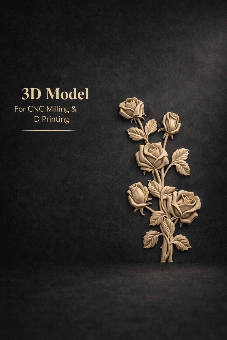 Rose Branch Relief 3D STL File for CNC Router & 3D Printing | Floral ...