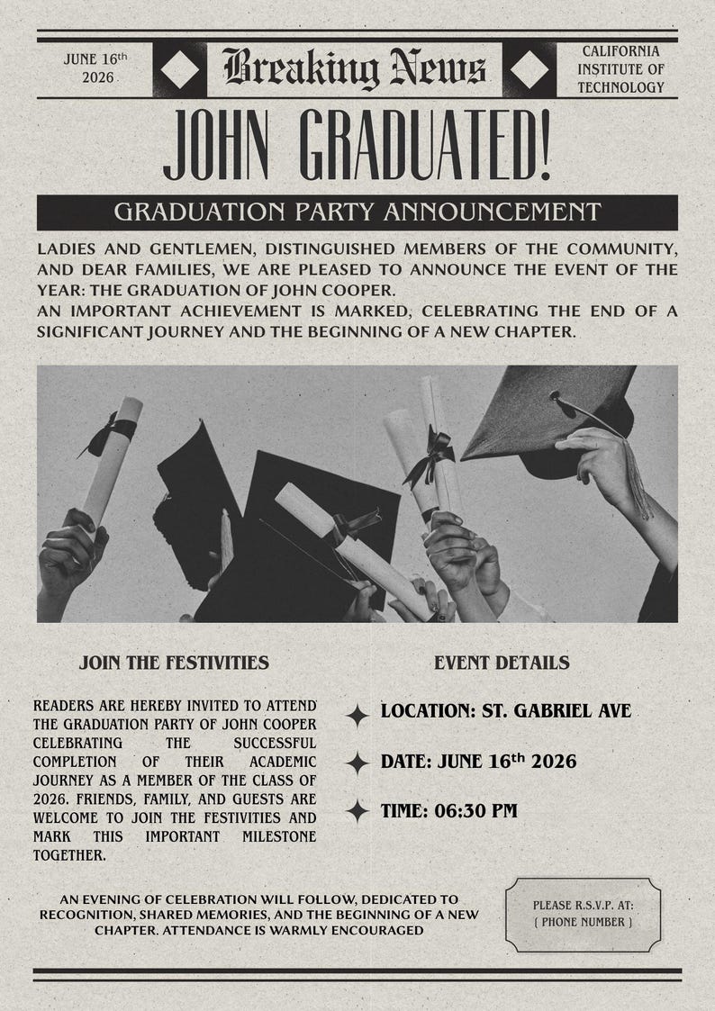 Graduation Party Invitation Newspaper Style | Editable Graduation Flyer ...