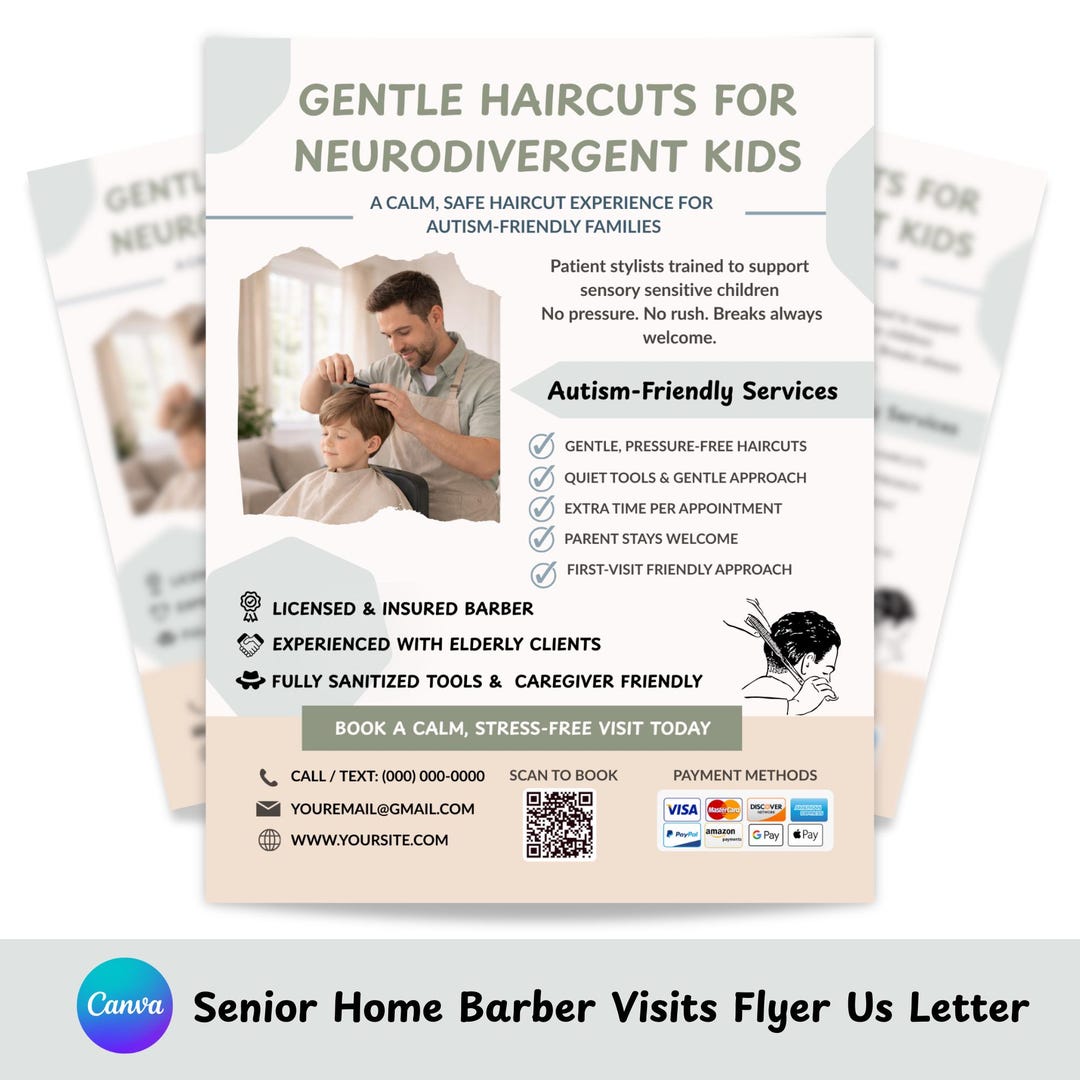 Autism-friendly Kids Haircut Flyer | Sensory-safe Barber, Canva ...