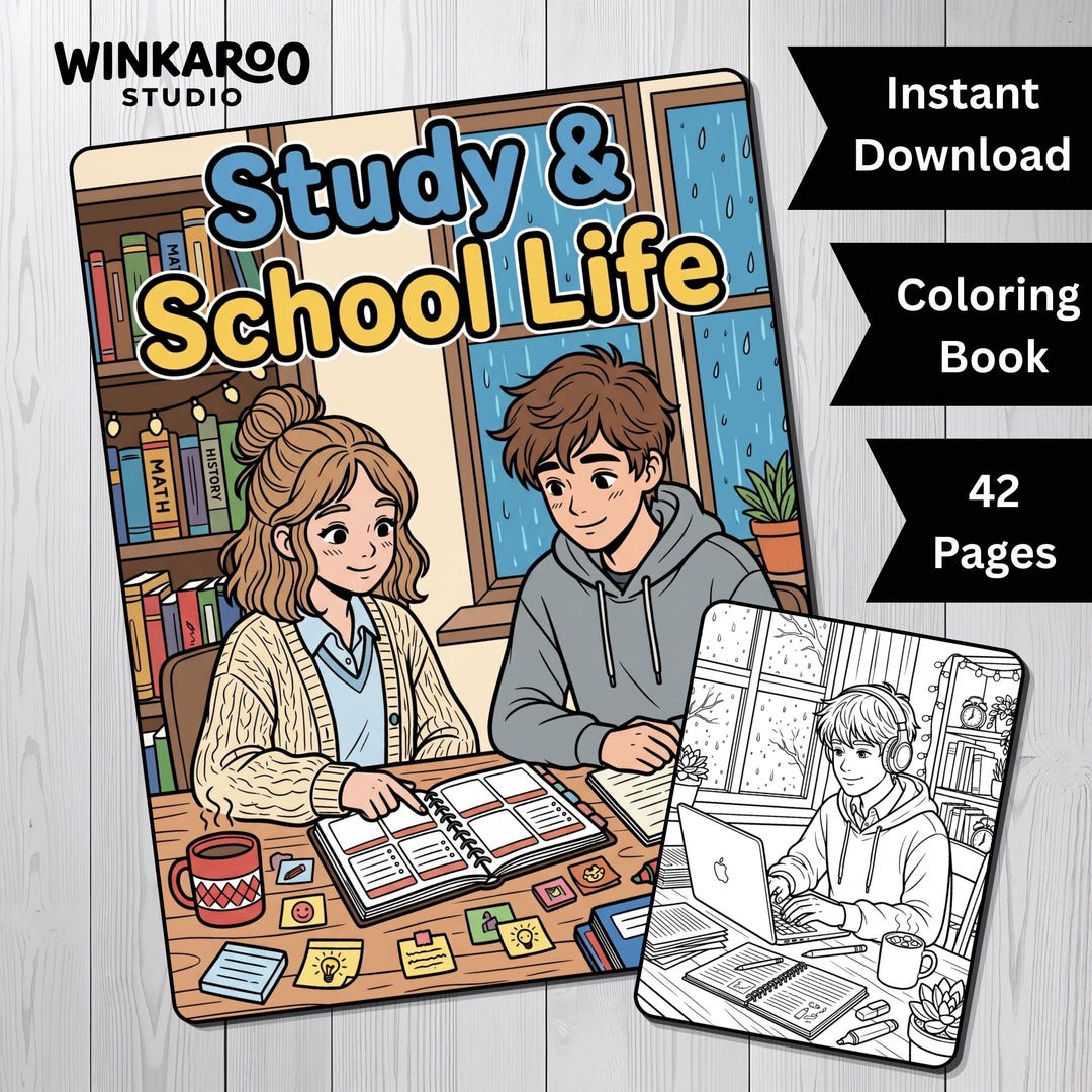 Study & School Life Coloring Book, Cozy Student, 42 Pages (digital ...