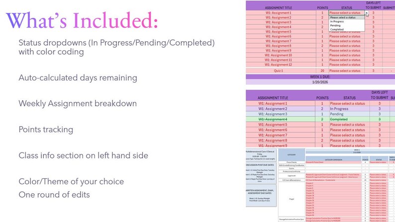 Nursing School Assignment Tracker | Excel Academic Planner ...